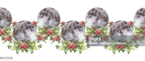 흰색 배경에 Boho 꽃 클로버와 함께 수채화 마법의 달과 완벽 한 테두리 벽지를 위한 손으로 그린 밤 달 랩핑을 위한 히피 스타일 하늘에 점성술 개체입니다 예술 직물을