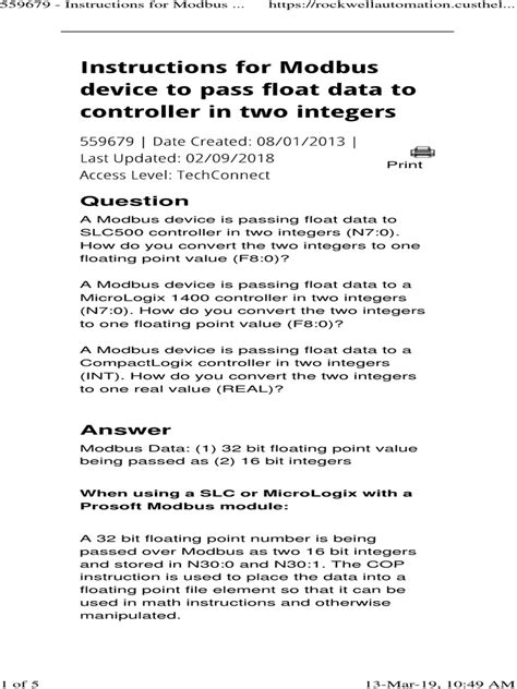 Instructions For Modbus Device To Pass Float Data To Controller In Two
