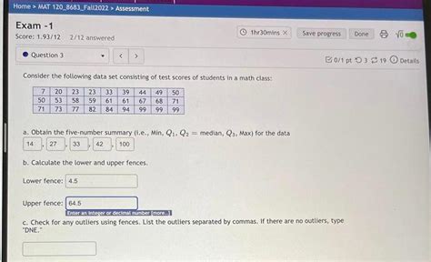 Solved Consider The Following Data Set Consisting Of Test