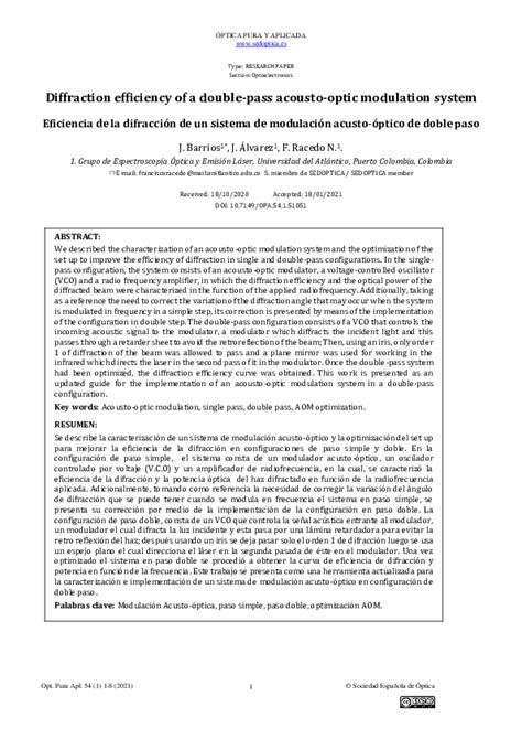 Pdf Diffraction Efficiency Of A Double Pass Acousto Optic Modulation System Juan Barrios