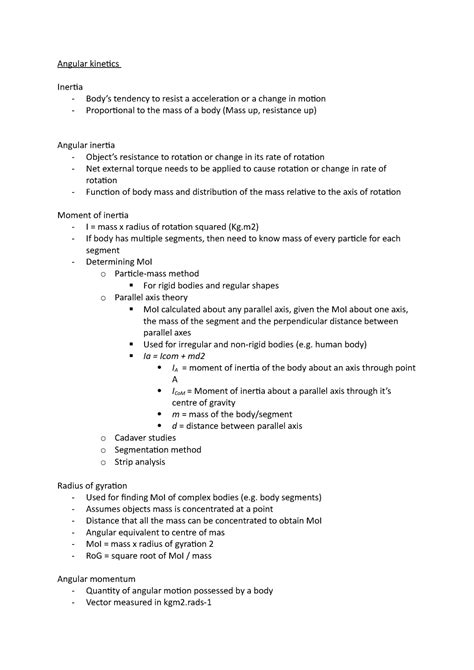 Angular Kinetics Lecture Notes 1 Angular Kinetics Inertia Bodys Tendency To Resist A
