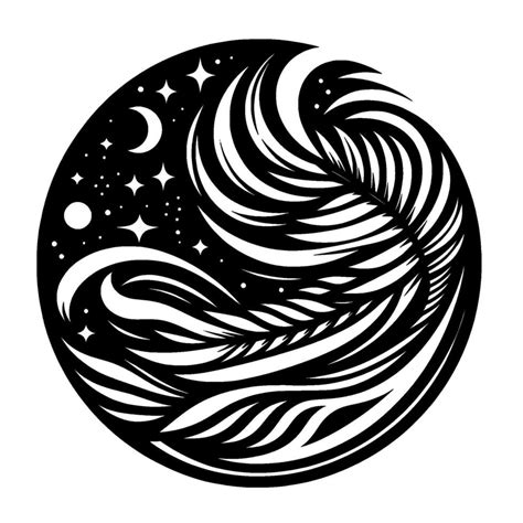 Black And White Circular Illustration Stylized Palm Frond And Celestial Elements Including