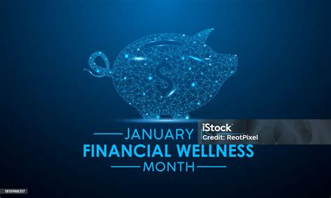 매년 1월에 재정 건강의 달을 기념합니다 1월은 재정 건강의 달입니다 로우 폴리 스타일 디자인 배너 인사말 카드 진한 파란색 배경의 포스터에 대 한 벡터 템플릿입니다 웰빙에