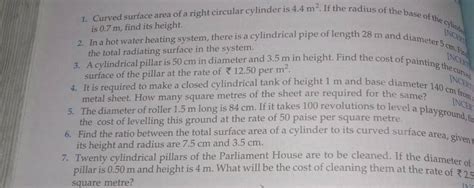 1 Curved Surface Area Of A Right Circular Cylinder Is 44 M2 If The Rad