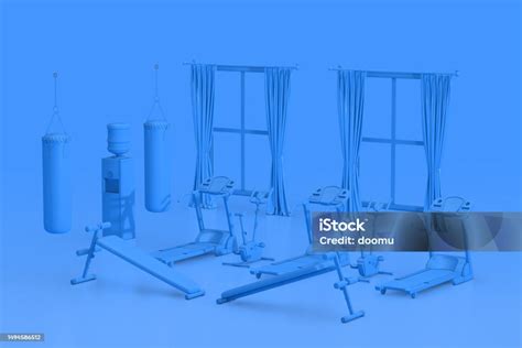 파란색 단색 이중톤 체육관 객실 내부에는 창문 운동 벤치 권투 훈련용 펀칭백 및 러닝머신 기계가 있습니다 3d 렌더링 3차원