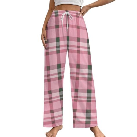 Autumn Winter Womens Pajama Pants Pink Plaid Pattern Loose Pajama