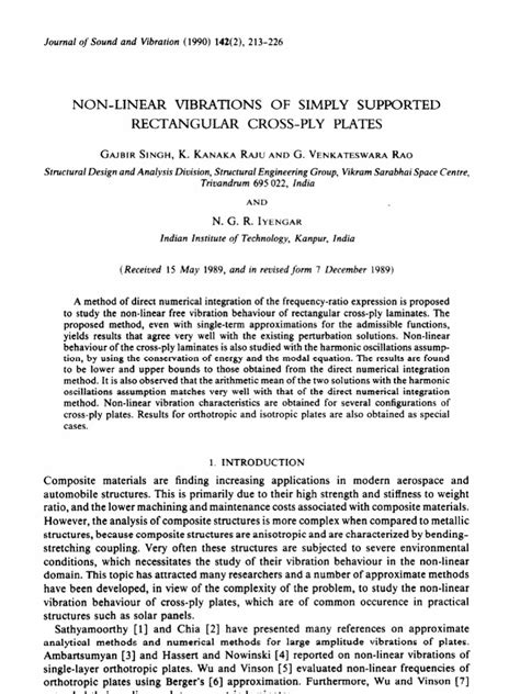 Non Linear Vibrations Of Simply Supported Rectangular Cross Ply Plates Pdf Sine Nonlinear
