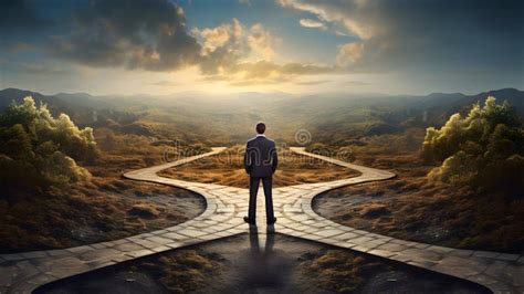 Man Standing At Crossroad Choosing Right Path Choice Concept