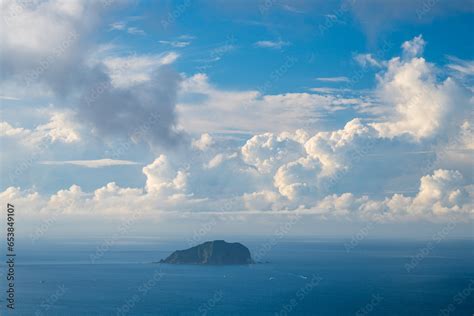 The Blue Sea The Blue Sky And The Dynamic White Clouds View Of Keelung Island From Jiufen