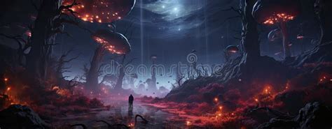 Mystical Forest Landscape With Glowing Flora Serene Water And