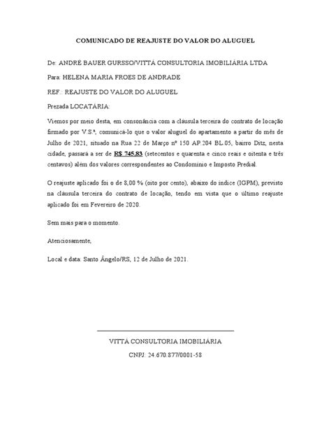 Comunicado De Reajuste Do Valor Do Aluguel Pdf