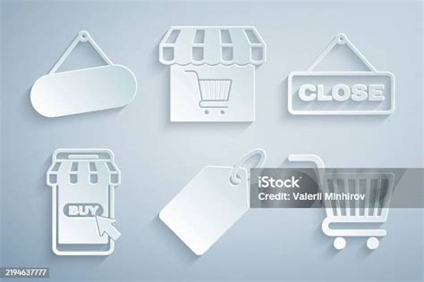 라벨 템플릿 가격표 닫기가 있는 행잉 사인 모바일 및 쇼핑 카트 쇼핑 마켓 스토어 및 간판 걸이 아이콘을 설정합니다 벡터 3차원 형태에 대한 스톡 벡터 아트 및 기타 이미지