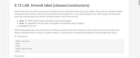 Solved 913 Lab Artwork Label Classesconstructors Define