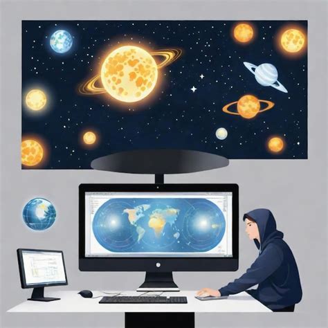 Person Tracking Celestial Objects On A Computer Vector Set White