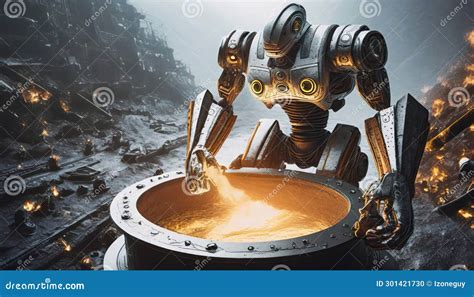 Robot Working On Desktop Computer In Dark Office 3d Rendering Humanoid