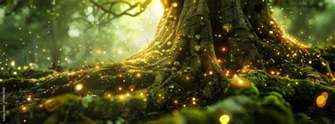 Ancient Tree Sprawling Roots Forest Sprites Dancing Magical Orbs Of Light Close Up Vibrant Green