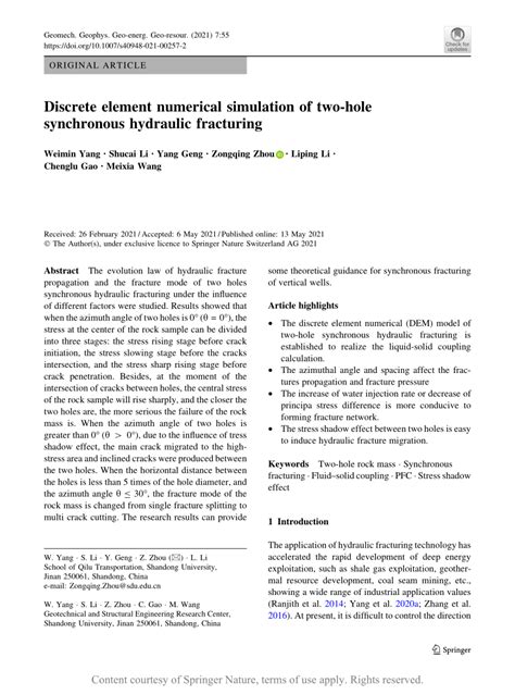 Discrete Element Numerical Simulation Of Two Hole Synchronous Hydraulic Fracturing Request Pdf