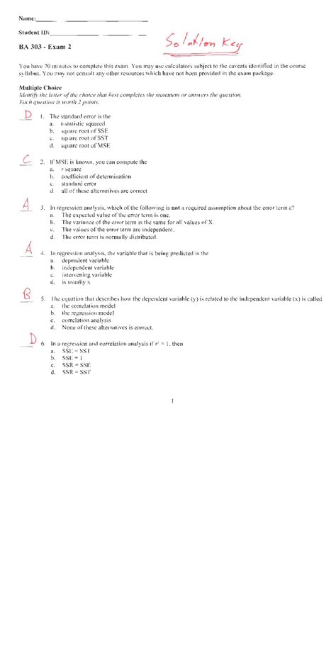Exam 2 Solution Key Regression Analysis Ba 303 Docsity