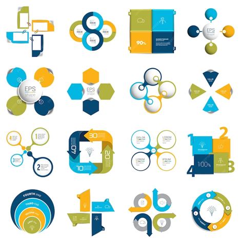 4가지 옵션 단계가 있는 비즈니스 개념의 메가 세트는 인포그래픽 다이어그램 그래프 구성표 프레젠테이션 및 원형 차트를 처리합니다 프리미엄 벡터