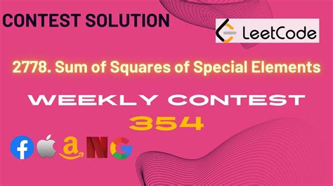 2778 Sum Of Squares Of Special Elements Leetcode Weekly Contest 354 Hindi Youtube