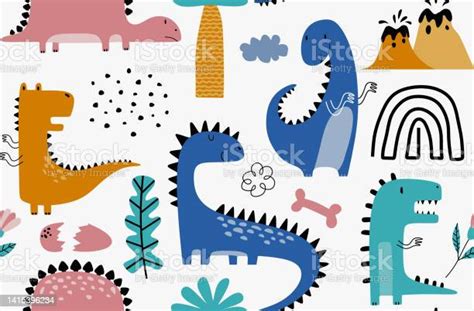 스칸디나비아 스타일로 손으로 그린 디노와 유치한 매끄러운 패턴 공룡에 대한 스톡 벡터 아트 및 기타 이미지 공룡 플랫 디자인 귀여운 Istock
