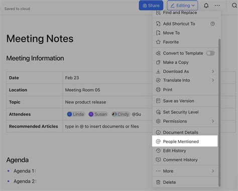 comment mention and like in docs