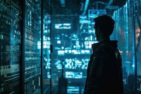 Premium Photo A Man Standing In Front Of A Wall Of Data