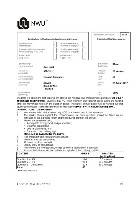 Accc1212019 Classtest2 Sakrekenaarscalculators Jayes Benodigdhede