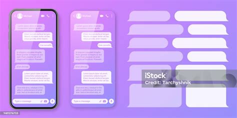 화려한 보라색 배경에 메시징 앱이 있는 현실적인 스마트폰 빈 Sms 텍스트 프레임입니다 투명한 메시지 거품이 있는 채팅 화면 소셜 미디어 응용 프로그램 벡터 그림 Brand