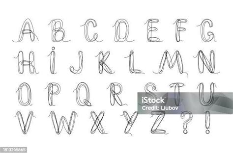 영어 알파벳 문자 물음표 느낌표 장식 편지 세트입니다 하나의 실선으로 그려진 간단한 아이콘입니다 Vectran 그림은 흰색 배경에 고립되어 있습니다 개념에 대한 스톡 벡터