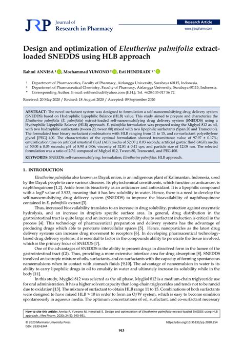 Pdf Design And Optimization Of Eleutherine Palmifolia Extract Loaded Snedds Using Hlb Approach