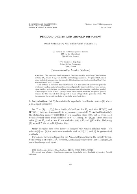 Pdf Periodic Orbits And Arnold Diffusion