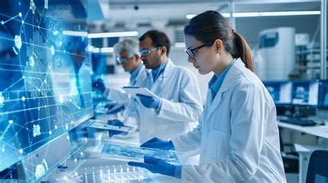 premium photo team of scientists in lab coats analyzing data on