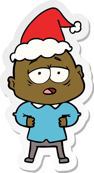 산타 모자를 쓴 피곤한 대머리 남자의 손으로 그린 스티커 만화 기진맥진에 대한 스톡 벡터 아트 및 기타 이미지 기진맥진 낙서 드로잉 남자 Istock