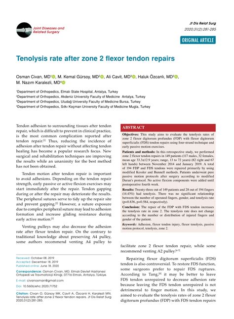 Pdf Tenolysis Rate After Zone 2 Flexor Tendon Repairs