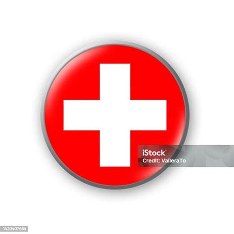 스위스 국기 스위스 국기의 색상으로 둥근 배지 흰색 배경에 고립되어 있습니다 디자인 요소 3d 그림 0명에 대한 스톡 사진 및