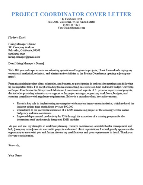 Project Coordinator Cover Letter Downloadable Sample