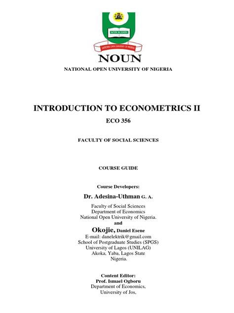 Introduction To Econometrics Eco 356 Course Guide And Course Material Pdf Regression