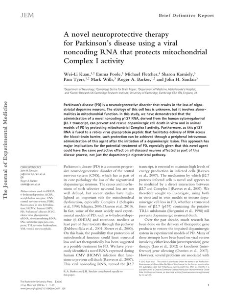Pdf A Novel Neuroprotective Therapy For Parkinsons Disease Using A Viral Noncoding Rna That