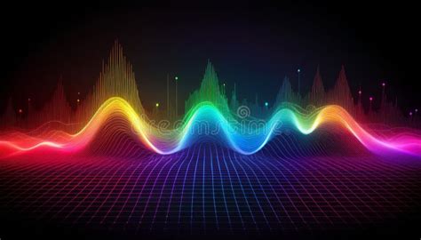 Fluctuating Vibrant Glowing Digital Waveforms On A Black Grid