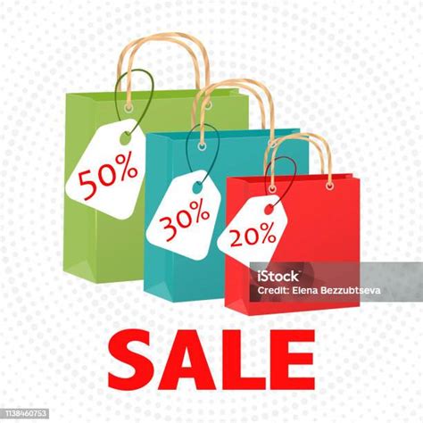 흰색 바탕에 핸들 및 판매 텍스트와 3 개의 다채로운 종이 쇼핑백 가격에 대한 스톡 벡터 아트 및 기타 이미지 가격 가방 개체 그룹 Istock