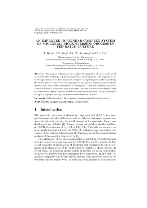 Pdf An Improved Nonlinear Complex System Of Microbial Bioconversion Process In Fed Batch Culture