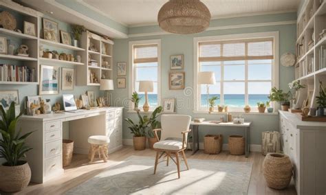 Serene Home Office Features White Desk Chair And Shelves Filled With Books And Plants With