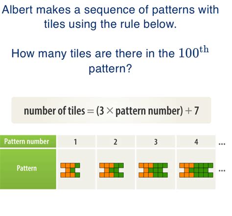 Solved: Albert makes a sequence of patterns with tiles using the rule below. How many tiles are ...