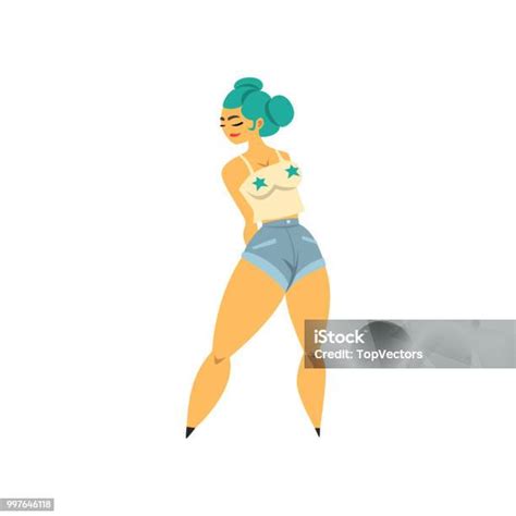 아름 다운 매력적인 여성과 체중 여자 유행 옷 플러스 크기 여자 핀 업 모델 벡터 일러스트 레이 션에 파란 염색된 머리 관능에 대한 스톡 벡터 아트 및 기타 이미지 Istock