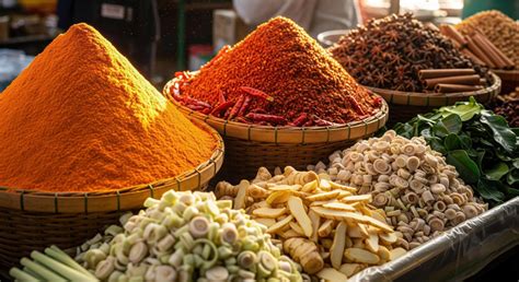 Assorted Colorful Spices And Herbs Displayed In Baskets At Local Market