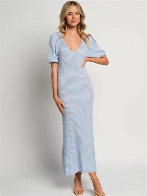 Women Apero Dresses | Amalfi Knit Midi Dress-Blue/White — Casualwearboutq