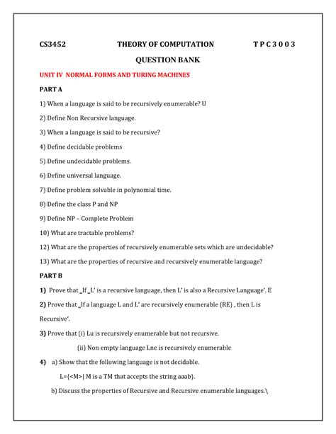 toc question bank unit 5 cs3452 theory of computation t p c 3 0 0 3