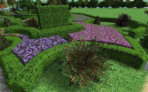 3d Image Of Landscape Design Of A Personal Plot Clipped Hedge Garden With Green Cabinets Stock