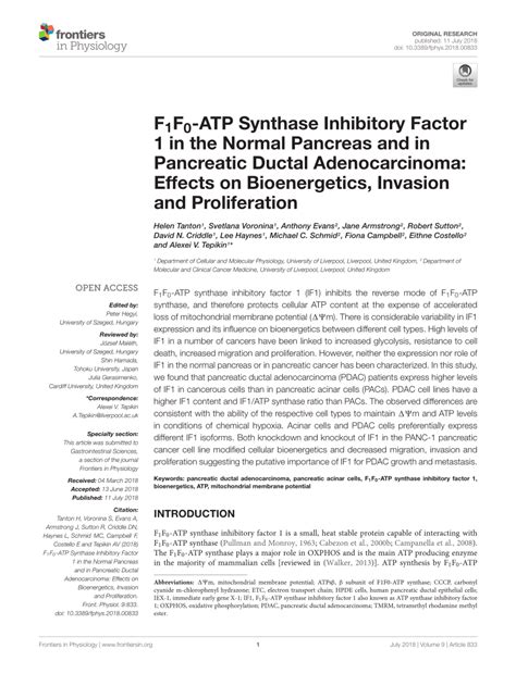 Pdf F1f0 Atp Synthase Inhibitory Factor 1 In The Normal Pancreas And In Pancreatic Ductal